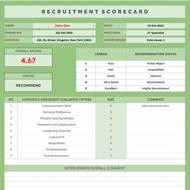 Recruitment Scorecard Template, Google Sheets, Interview Scoring ...