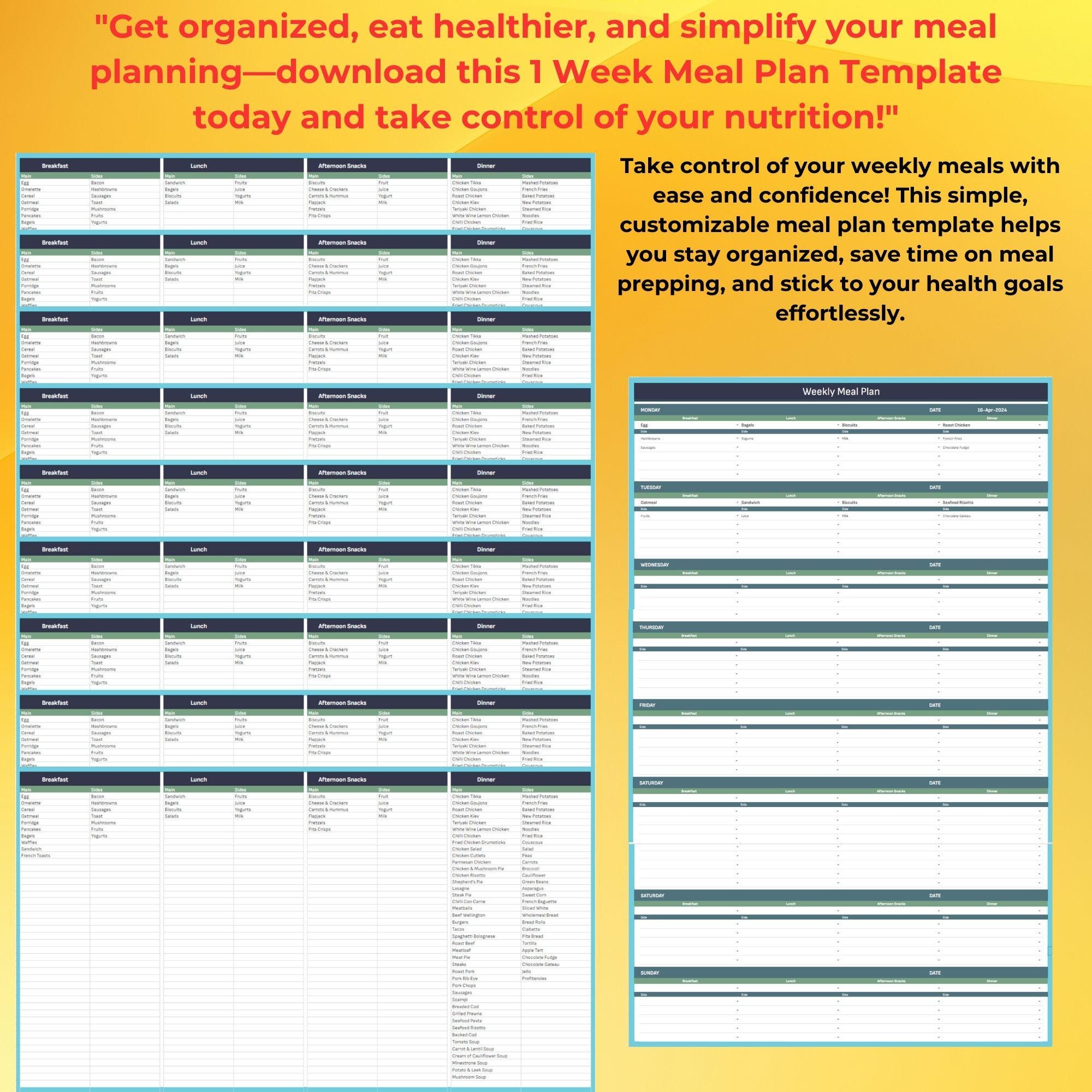 1 Week Meal Plan Template, Google Sheets Weekly Planner, Editable Food ...