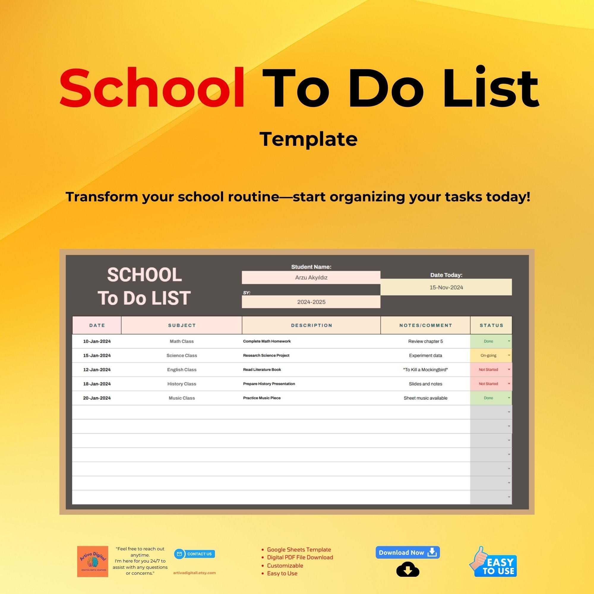 School to Do List Template, Student Planner, Homework Tracker, Study ...