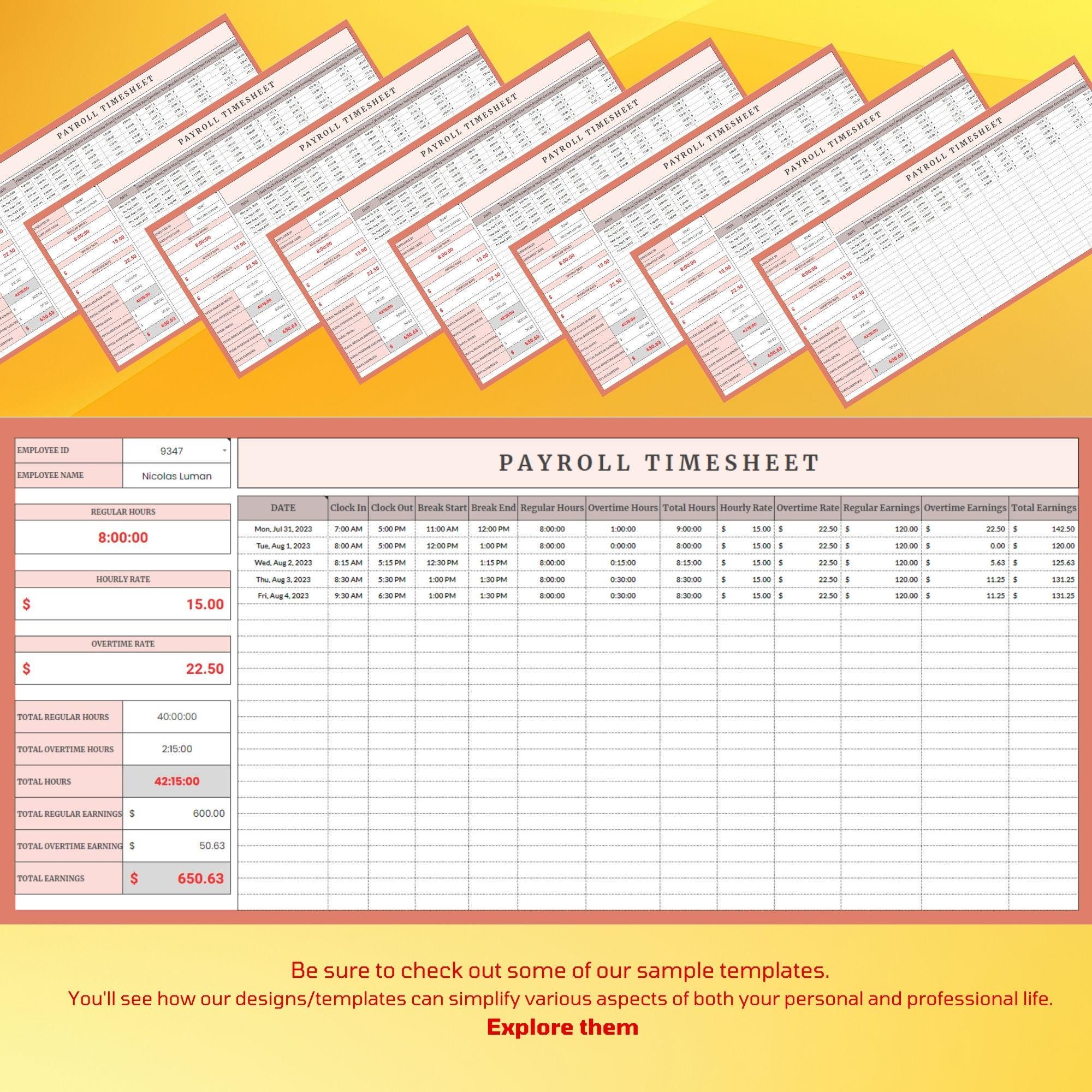 Payroll Timesheet Template, Google Sheets Editable Tracker, Employee ...
