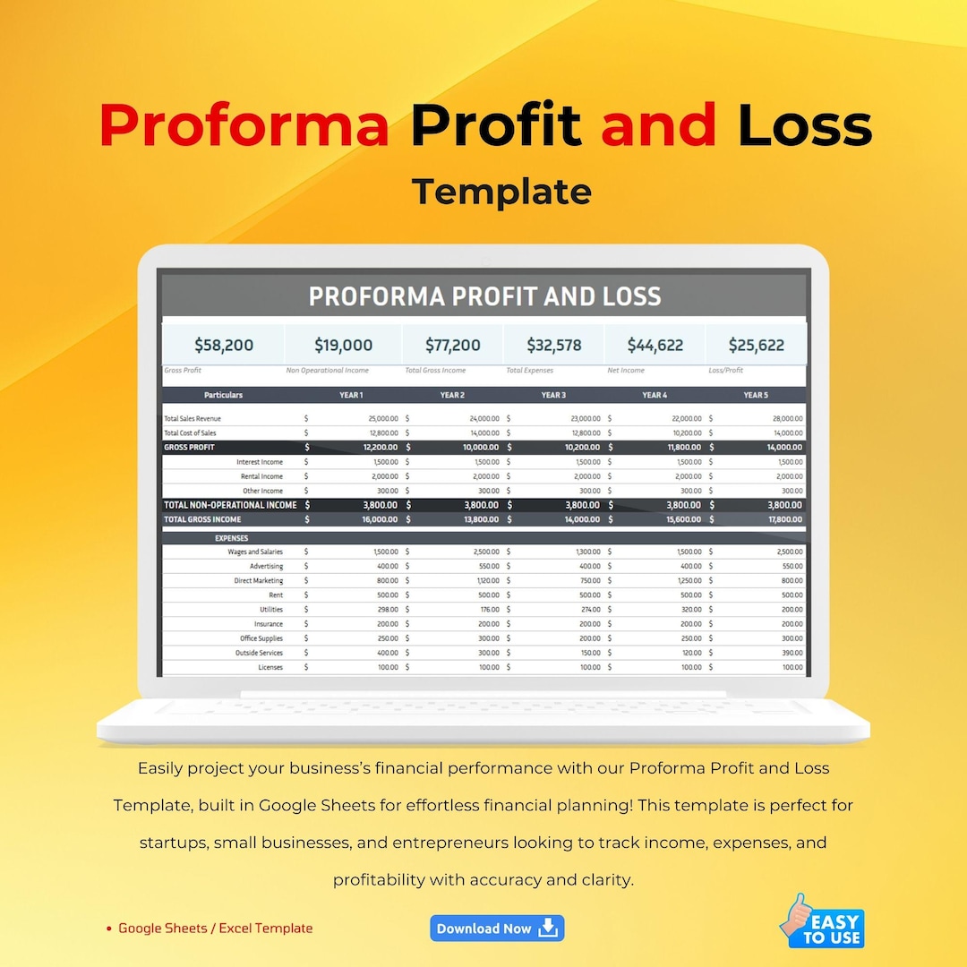 Proforma Profit and Loss Template, Google Sheets P&L Tracker, Editable ...