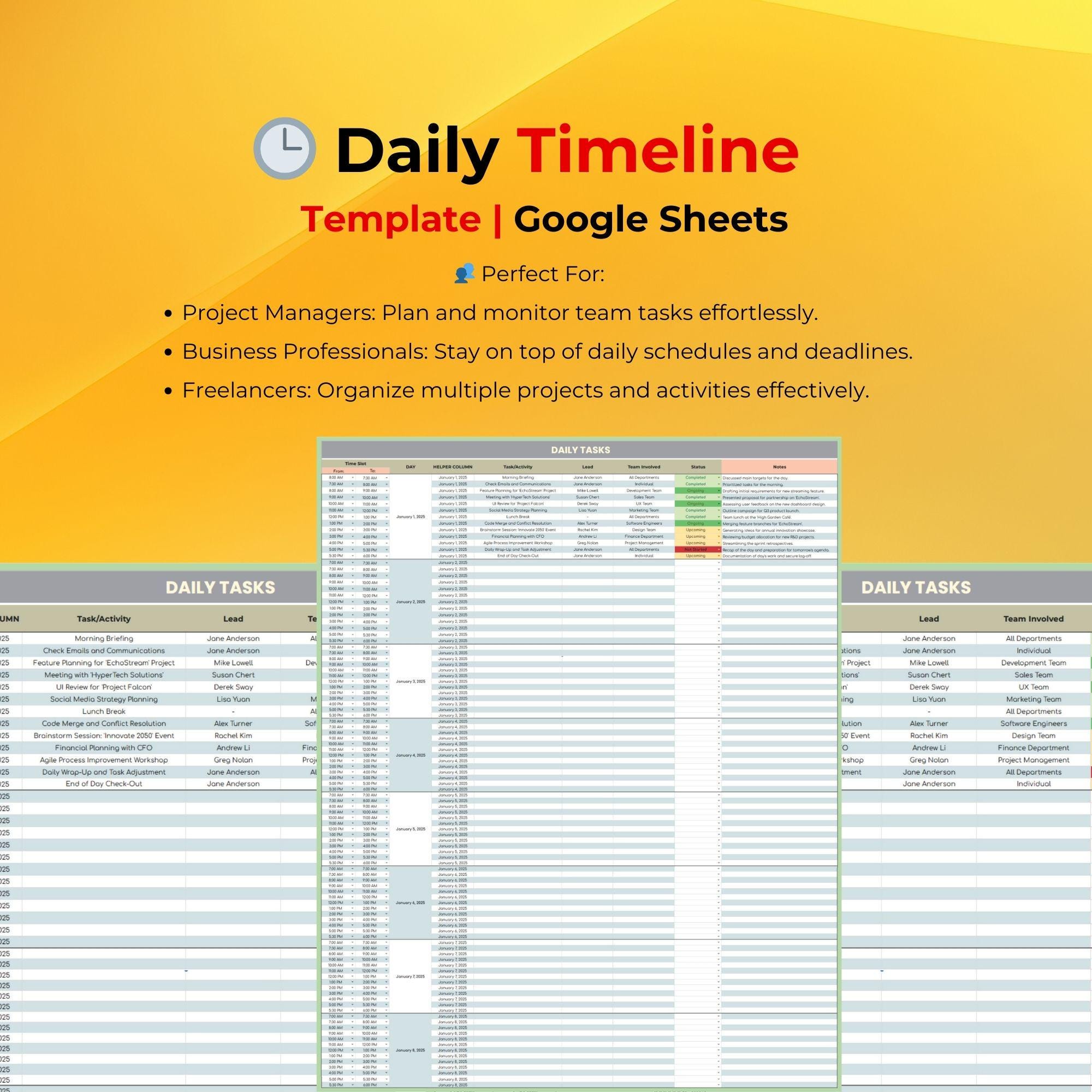 Daily Timeline Template, Google Sheets Editable Template, Task ...