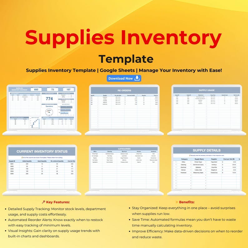 Supplies Inventory Template, Google Sheets Editable Tool, Stock Tracker ...