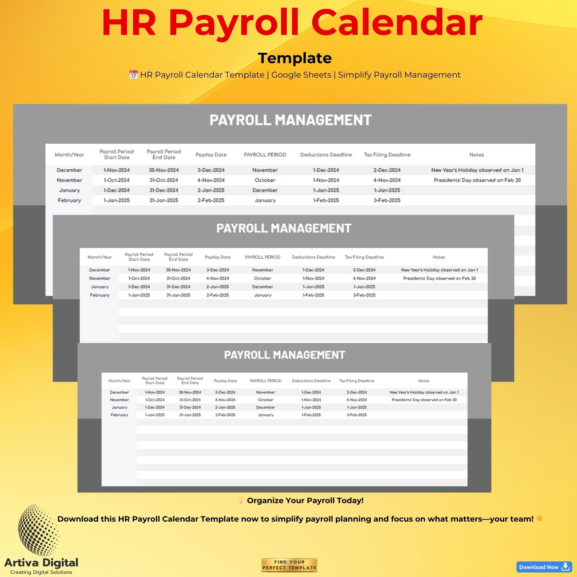 HR Payroll Calendar Template, Google Sheets, Customizable, Payroll ...