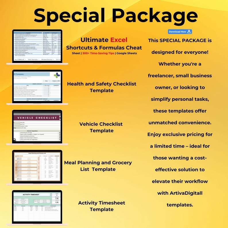 Special Package, Excel Shortcuts Cheat Sheet, Health & Safety Checklist ...