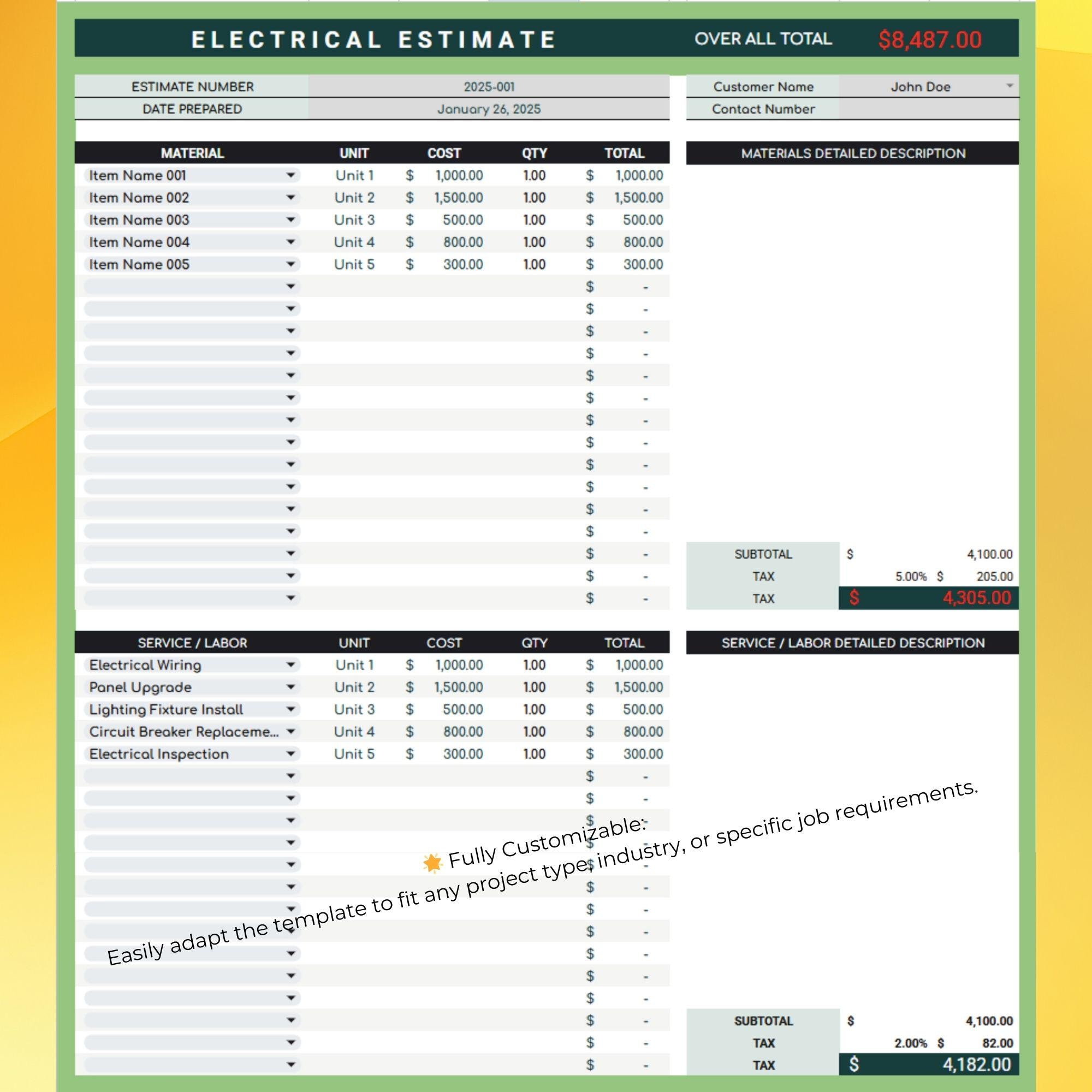 Electrical Estimate Template, Google Sheets for Cost Estimation ...