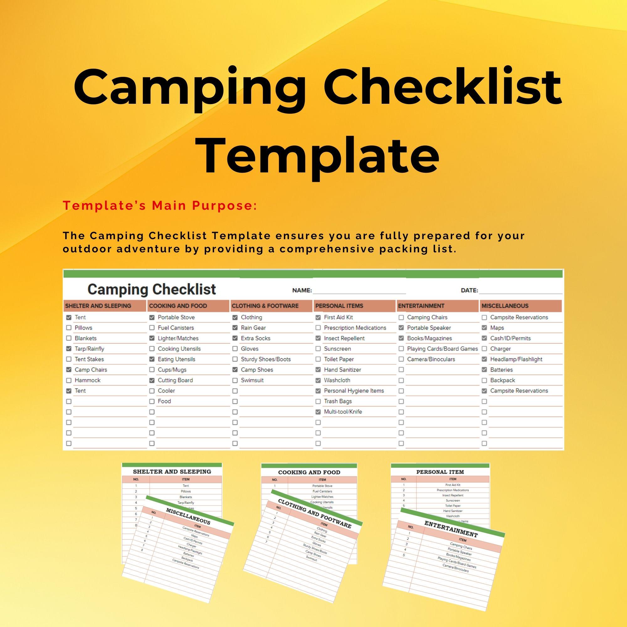 Camping Checklist Template, Google Sheets for Trip Planning, Gear ...