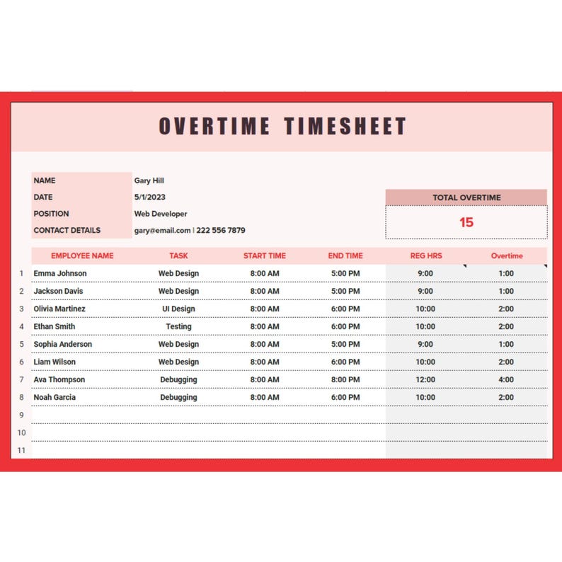 Overtime Timesheet Template, Google Sheets Editable Tracker, Employee Work Hours Log, Payroll ...