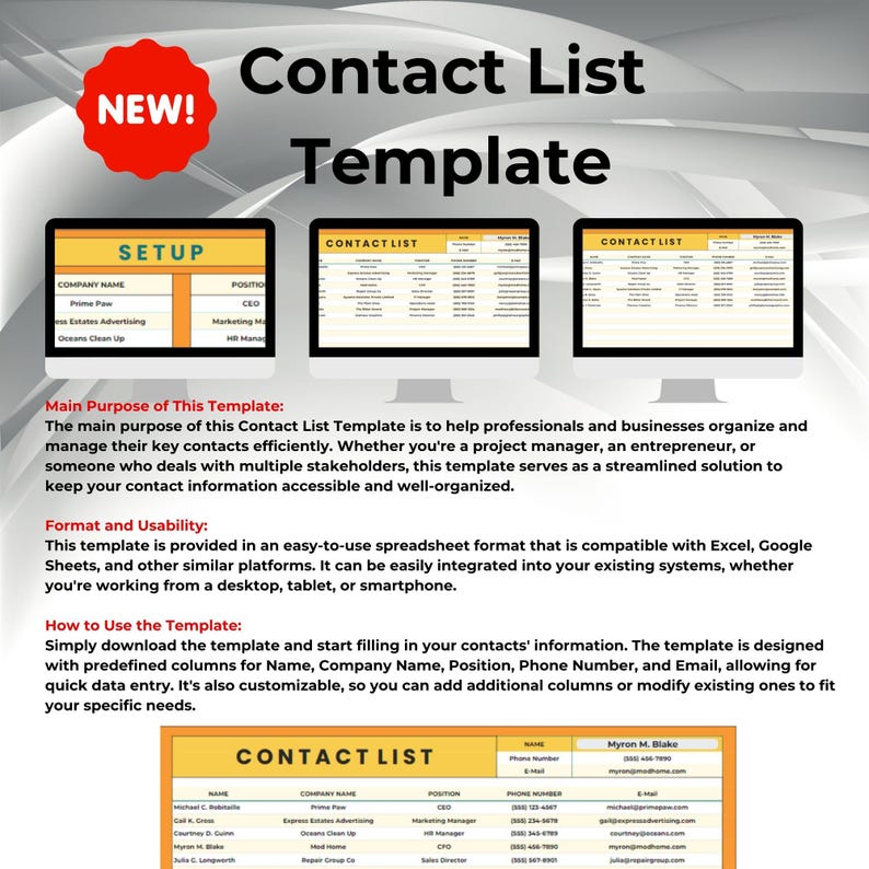 Contact List Template, Organize Contacts Efficiently, Manage Business ...