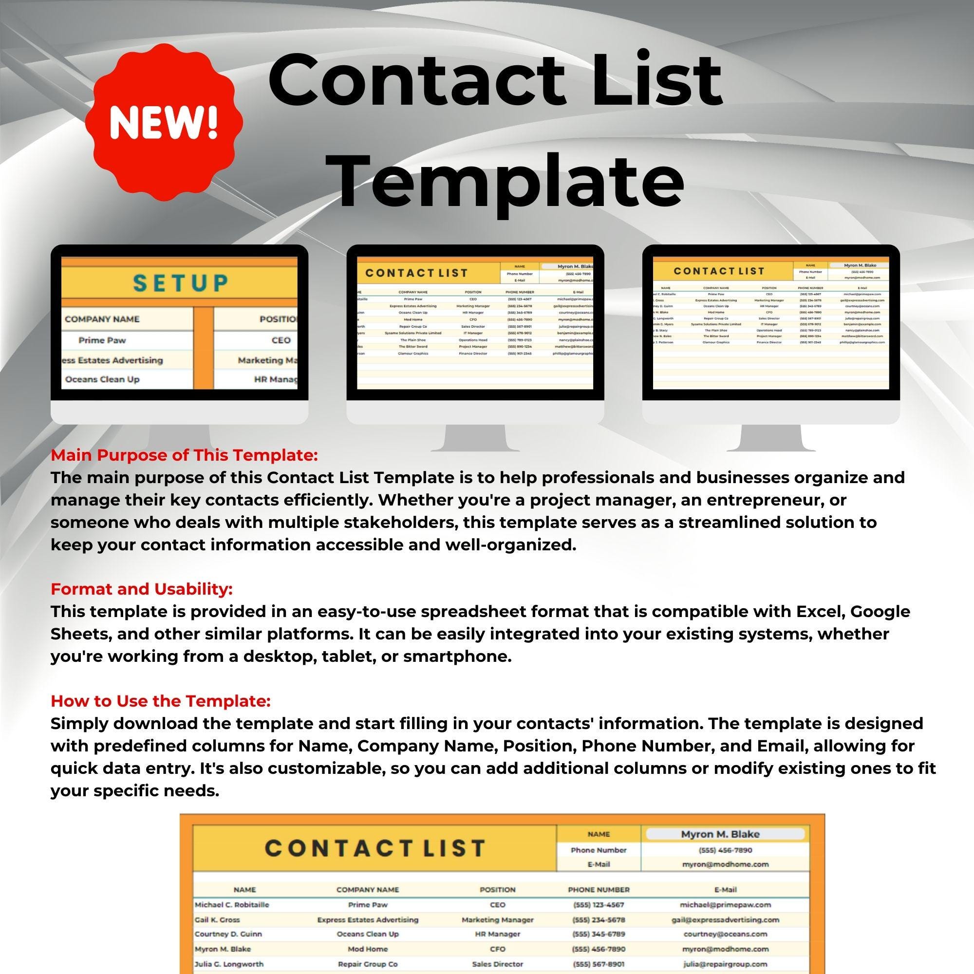 Contact List Template, Organize Contacts Efficiently, Manage Business ...