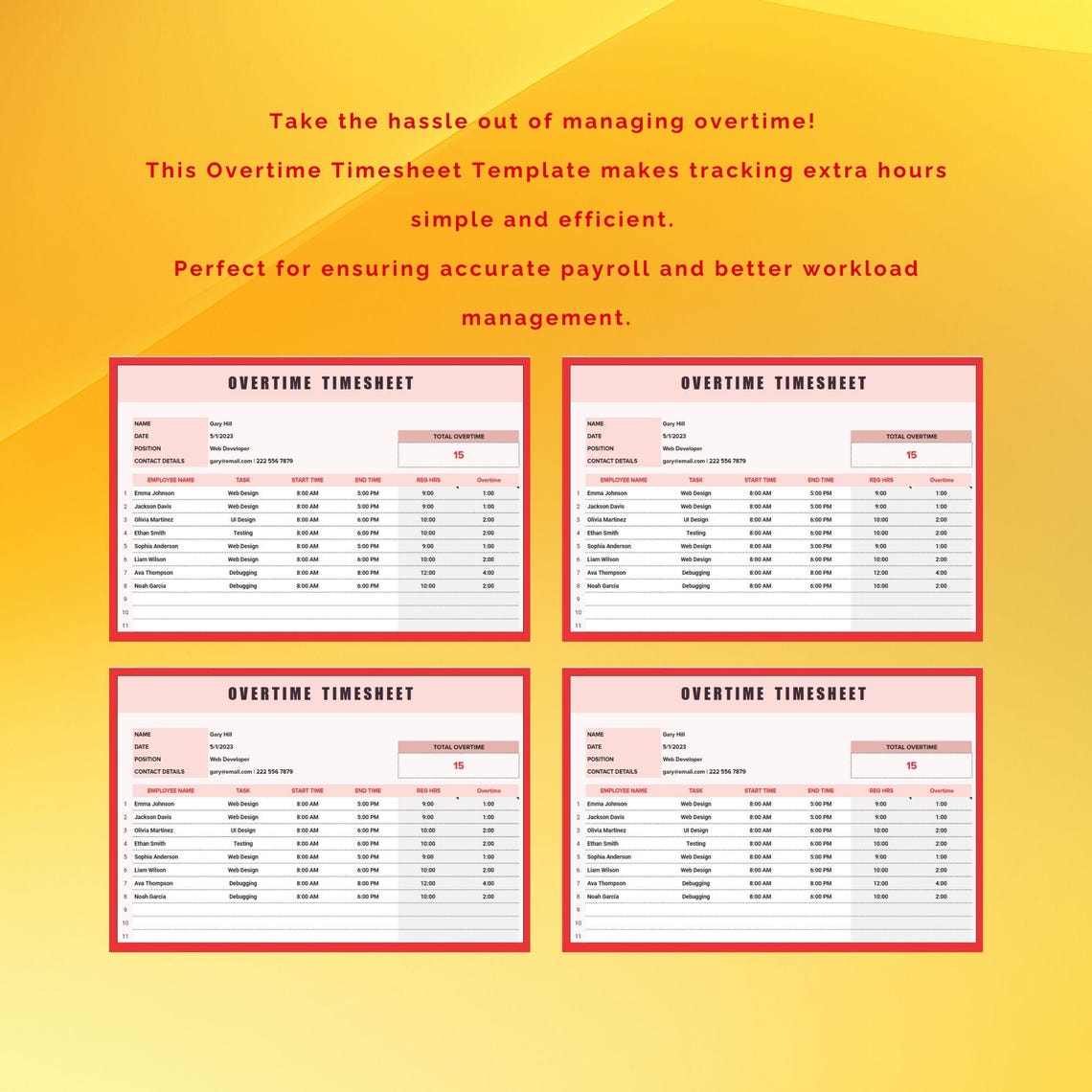Overtime Timesheet Template, Google Sheets Editable Tracker, Employee ...