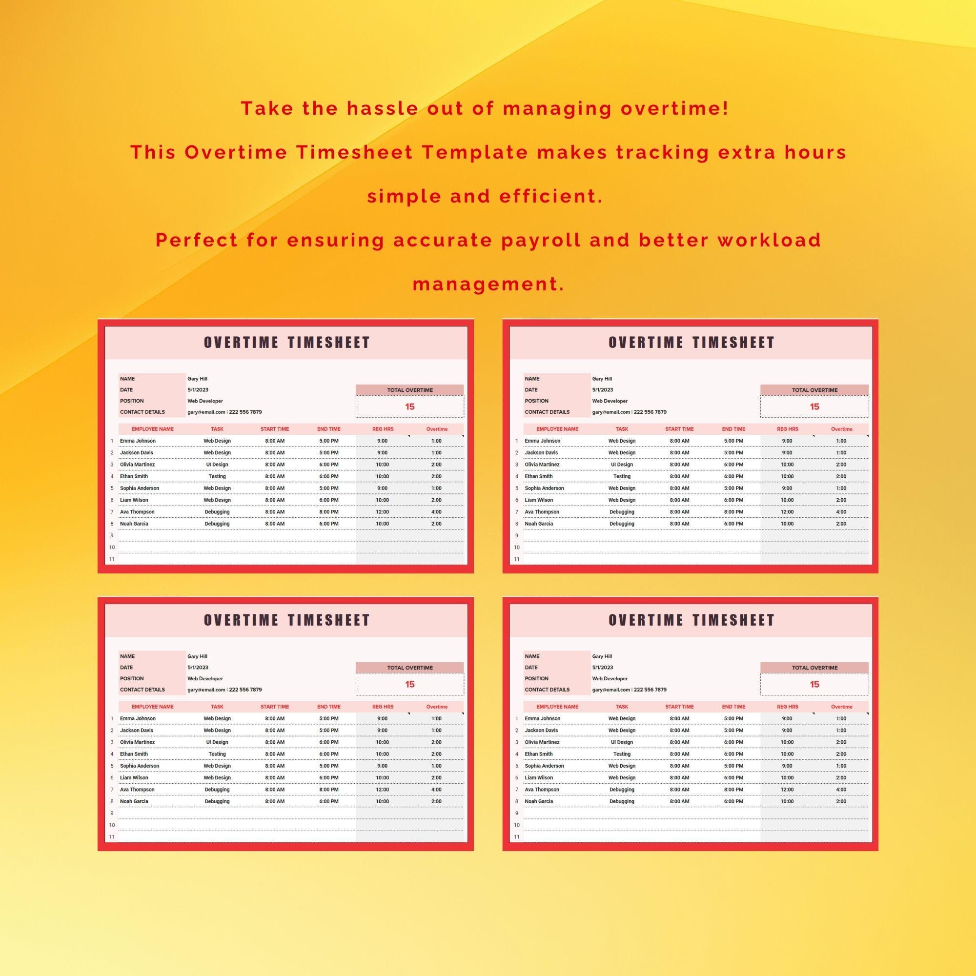Overtime Timesheet Template, Google Sheets Editable Tracker, Employee ...