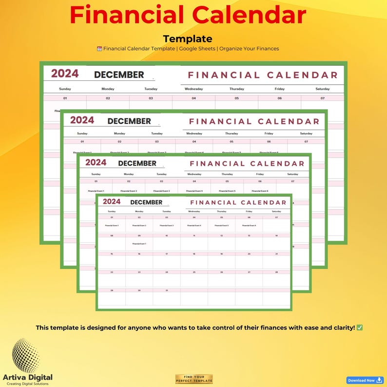 Financial Calendar Template, Google Sheets, Customizable, Financial ...