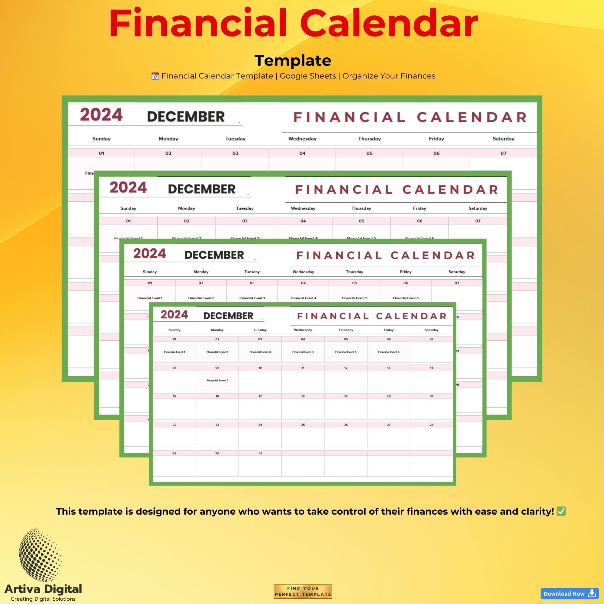 Financial Calendar Template, Google Sheets, Customizable, Financial ...