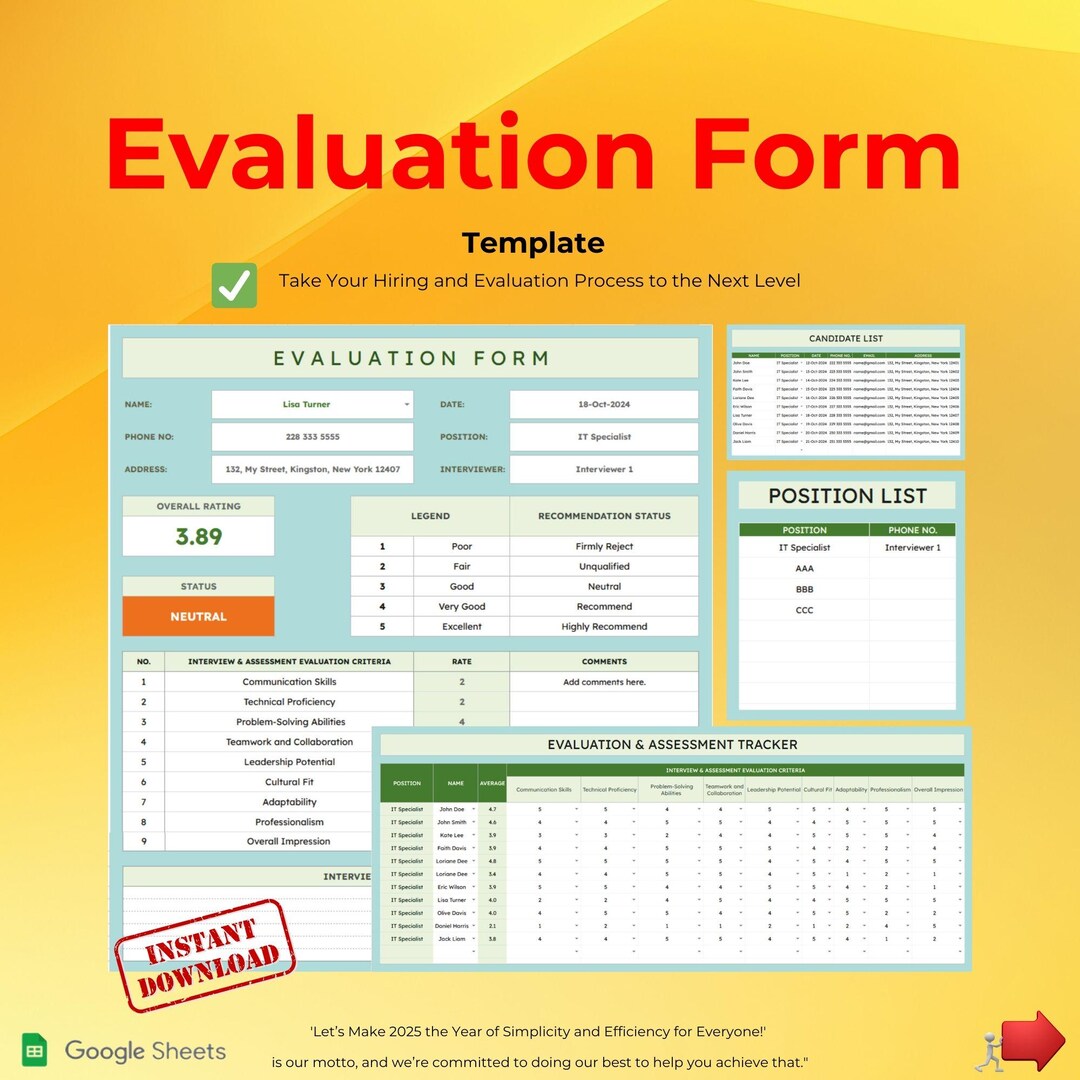 Evaluation Form Template, Google Sheets Interview Form, Editable Candidate Evaluation, HR Hiring ...