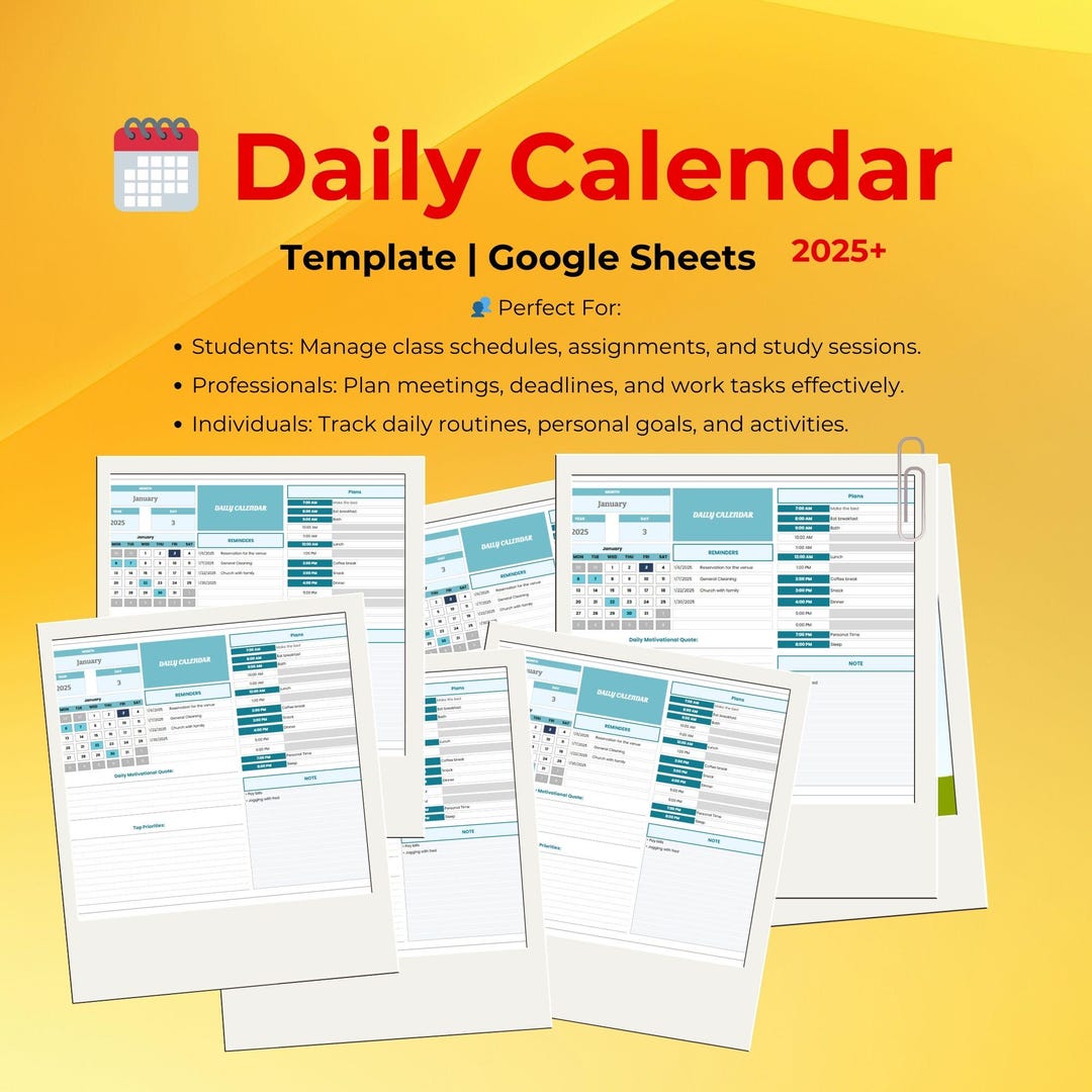 Daily Calendar Template, Google Sheets Editable Template, Daily Planner ...