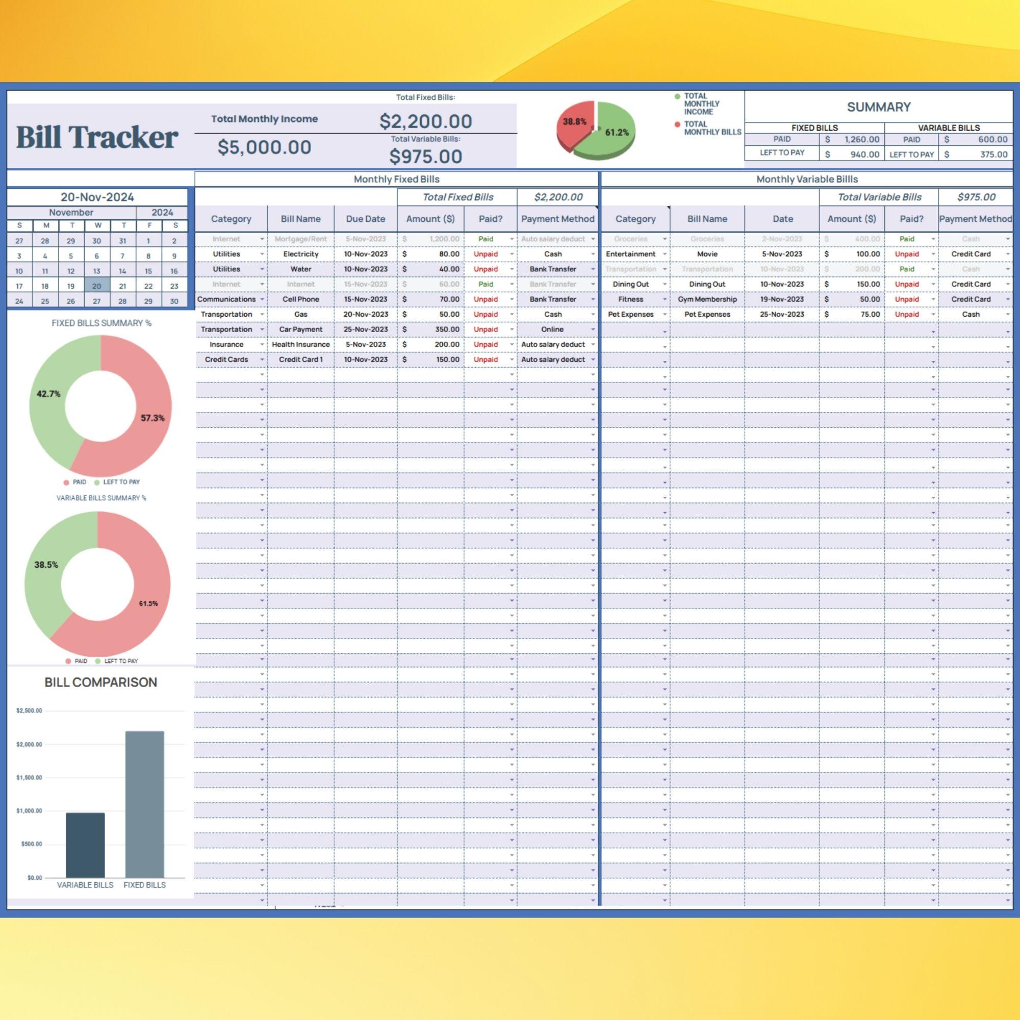 Bill Tracker Template, Google Sheets Editable Tool, Monthly Expense ...