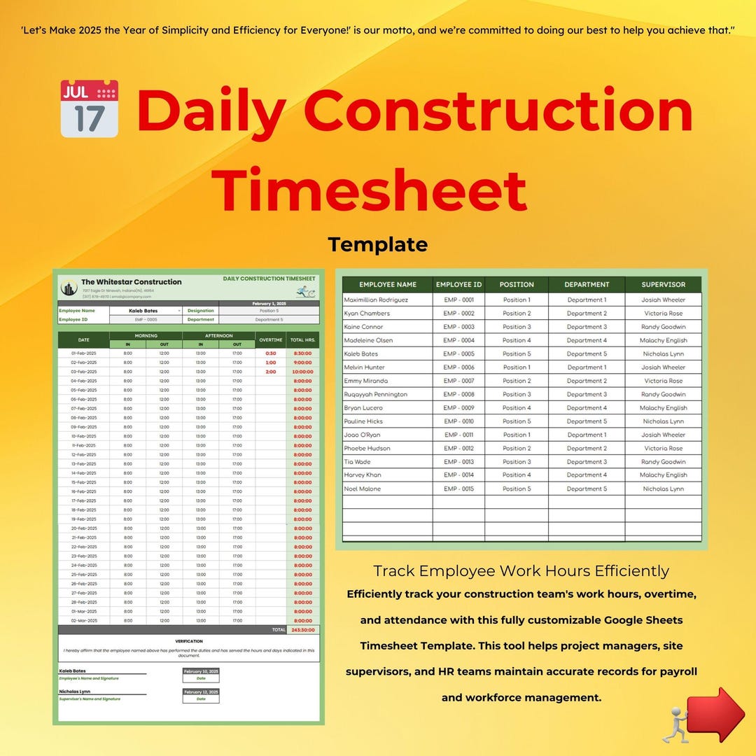 Daily Construction Timesheet Template, Google Sheets Work Log, Employee ...