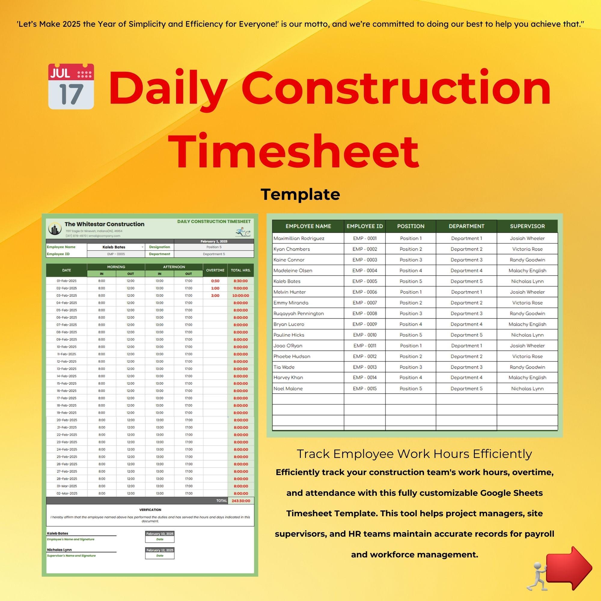 Daily Construction Timesheet Template, Google Sheets Work Log, Employee ...