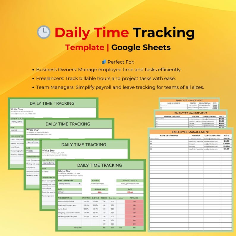 Daily Time Tracking Template, Google Sheets Editable Template, Employee ...
