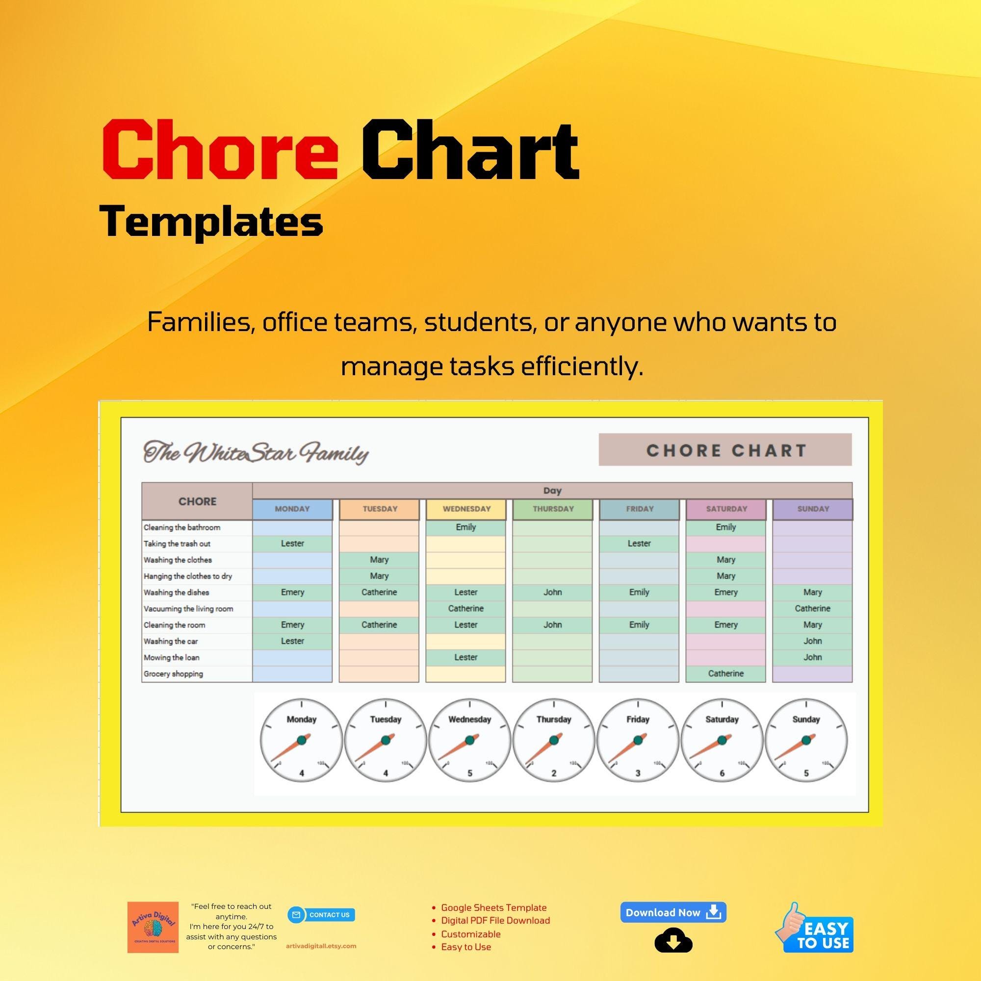 Chore Chart Template, Family Chore Organizer, Household Task Tracker ...