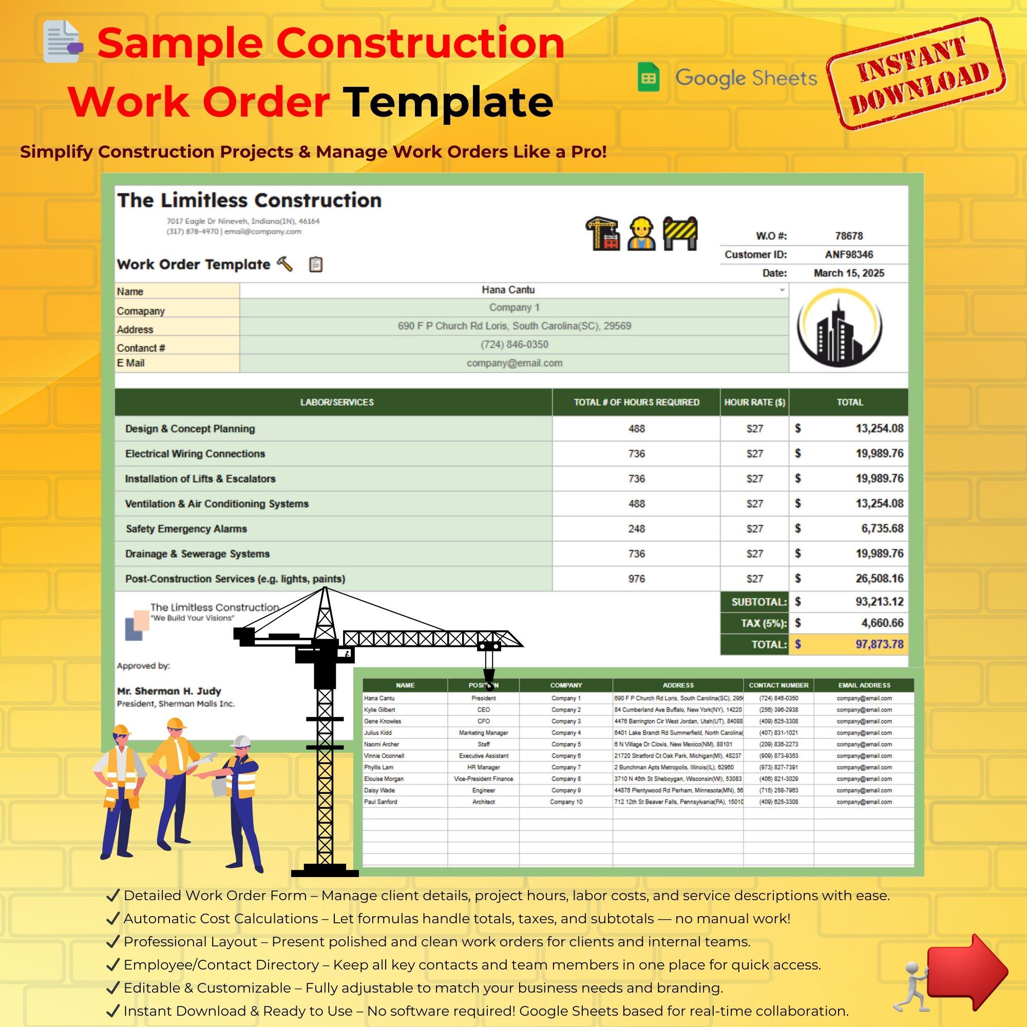 Sample Construction Work Order Template, Google Sheets Work Order ...