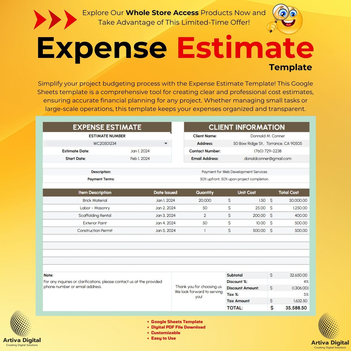 Expense Estimate Template, Editable Cost Estimator, Google Sheets ...