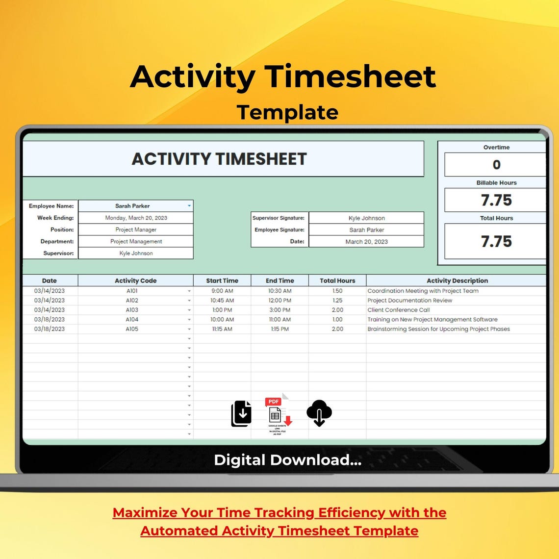 Activity Timesheet Template, Google Sheets, Track Work Hours, Employee ...