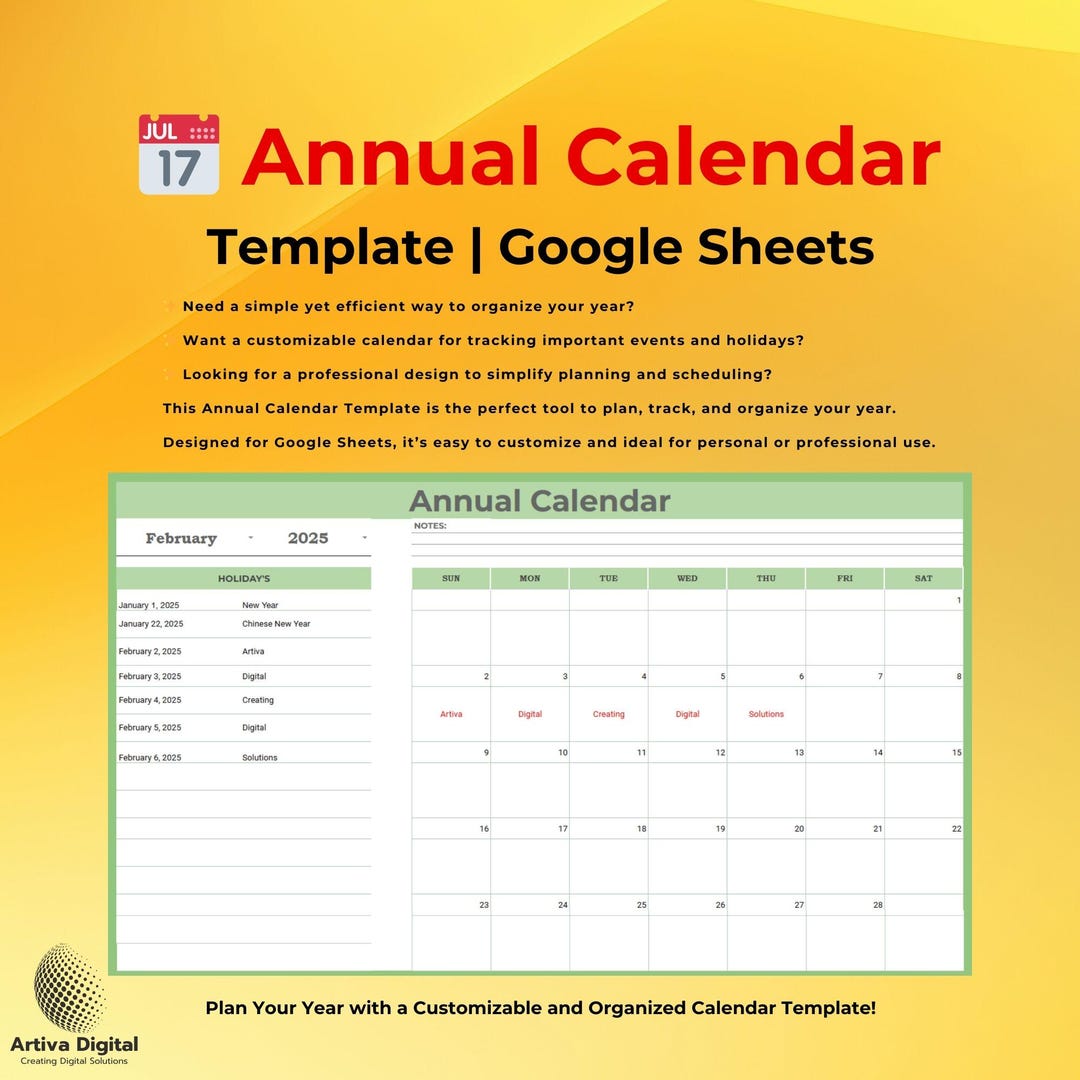 Annual Calendar Template, Google Sheets Editable Template, Yearly ...