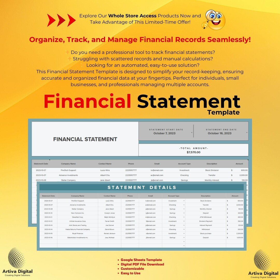 Financial Statement Template, Google Sheets, Dashboard, Financial ...