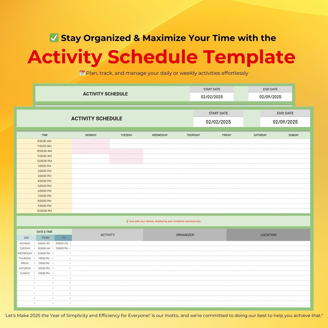 Activity Schedule Template, Google Sheets Planner, Weekly Organizer ...