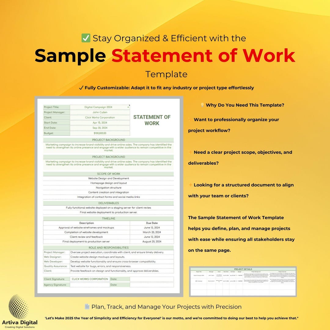 Sample Statement of Work Template, Google Sheets, Project Scope ...