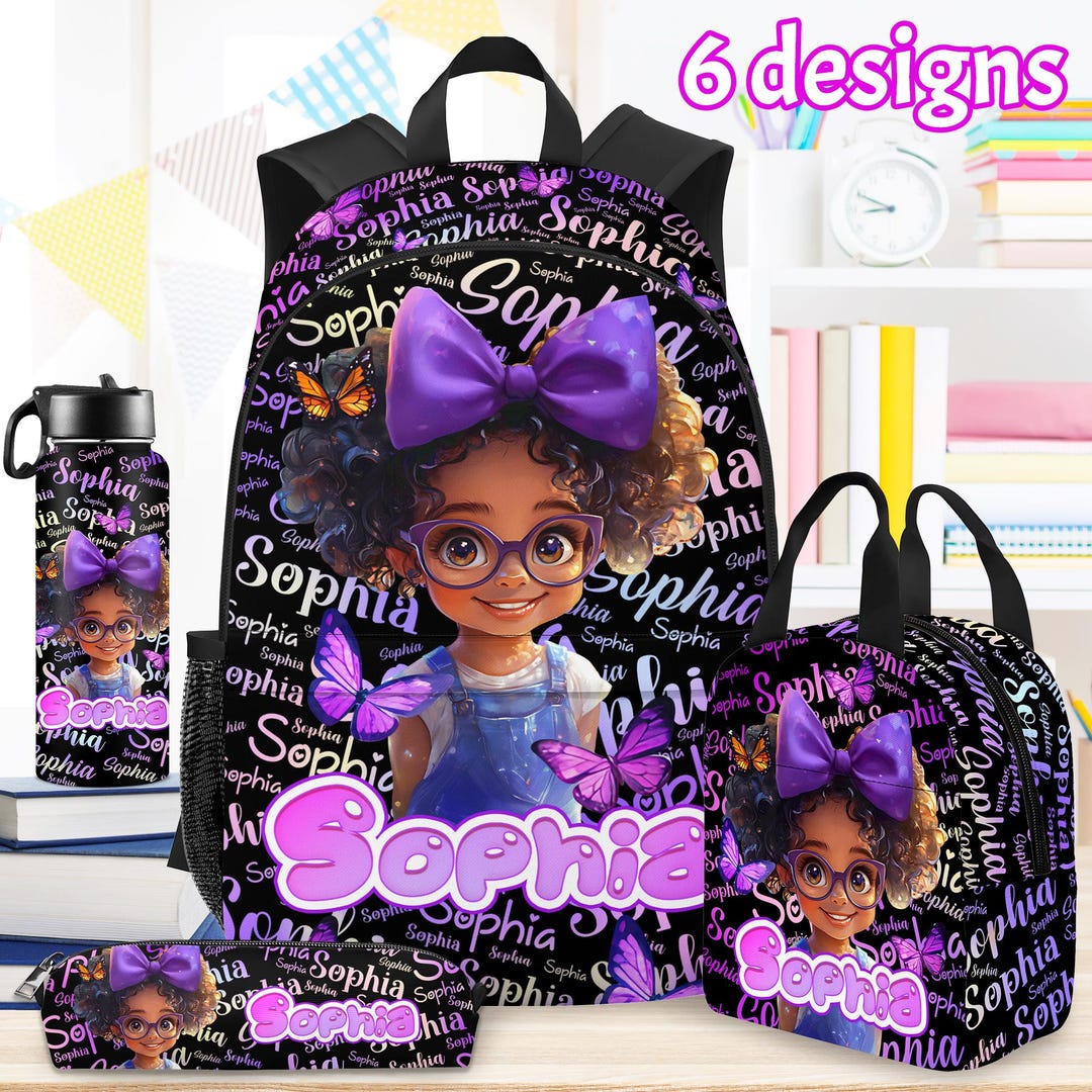 Personalized Black Girl Backpack Set, Custom School Bag With Lunchbox ...