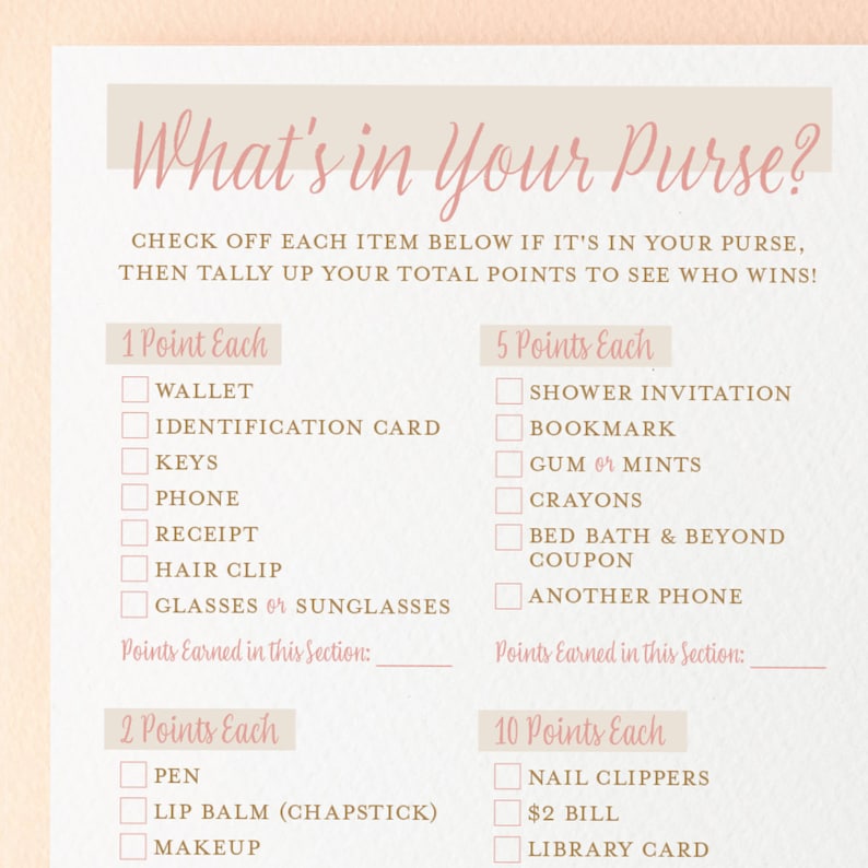 INSTANT DOWNLOAD Purse Scavenger Hunt Bridal Shower Printable Game What ...