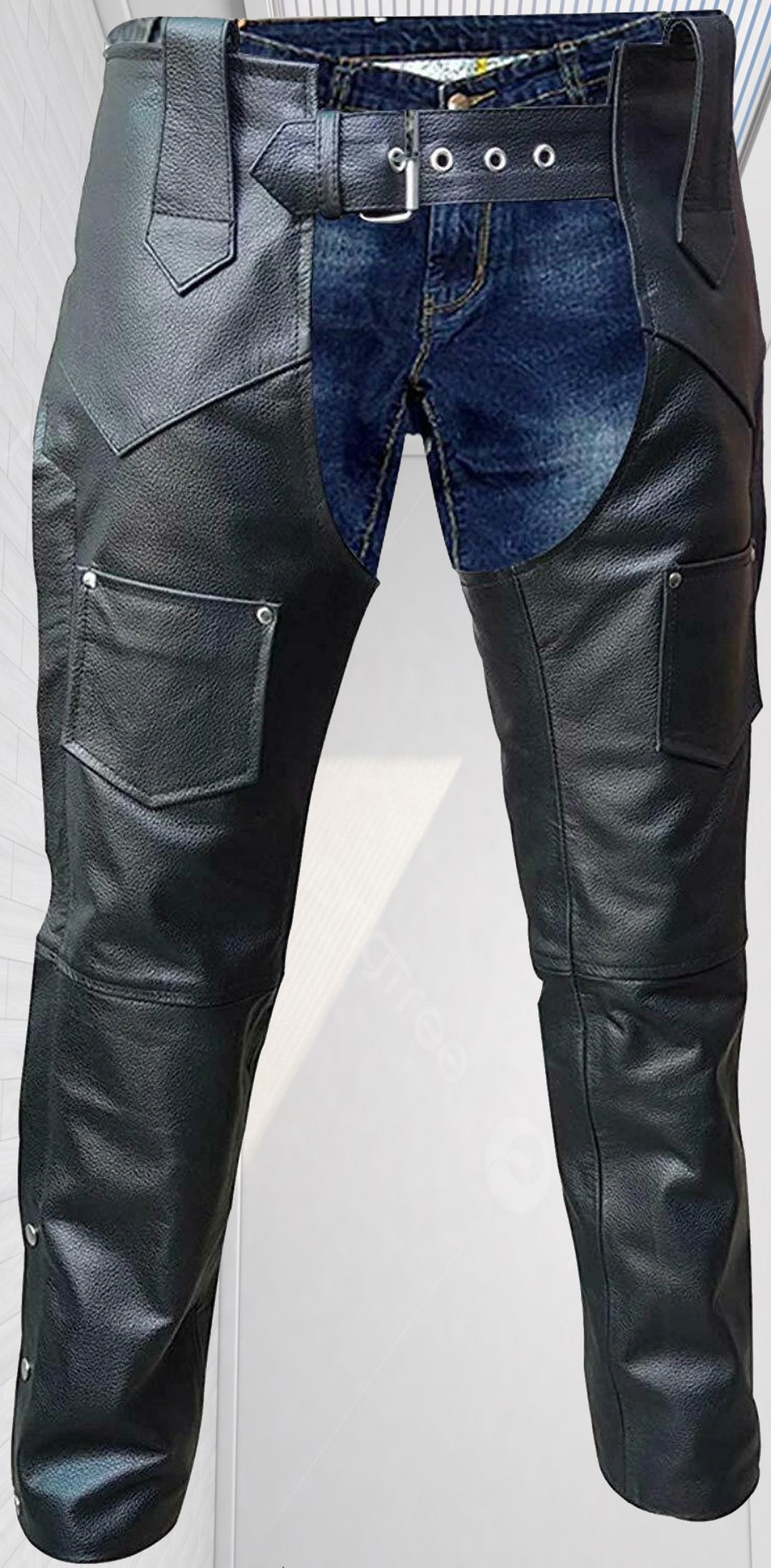 Real Leather Motorcycle Gear Biker Chaps Pant High Waist Slim Fit ...