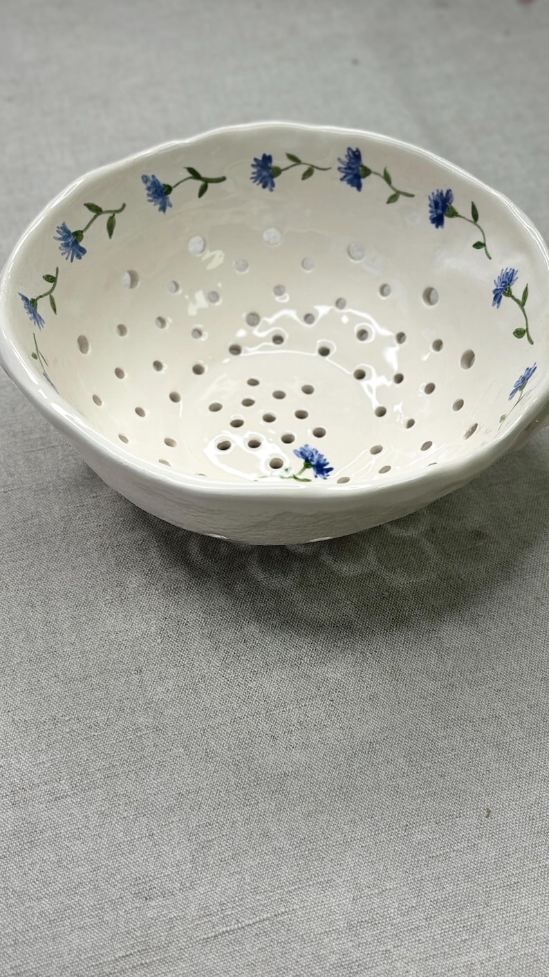 Handmade Ceramic Colander: Cornflower Design, Pasta & Berry Strainer - Etsy