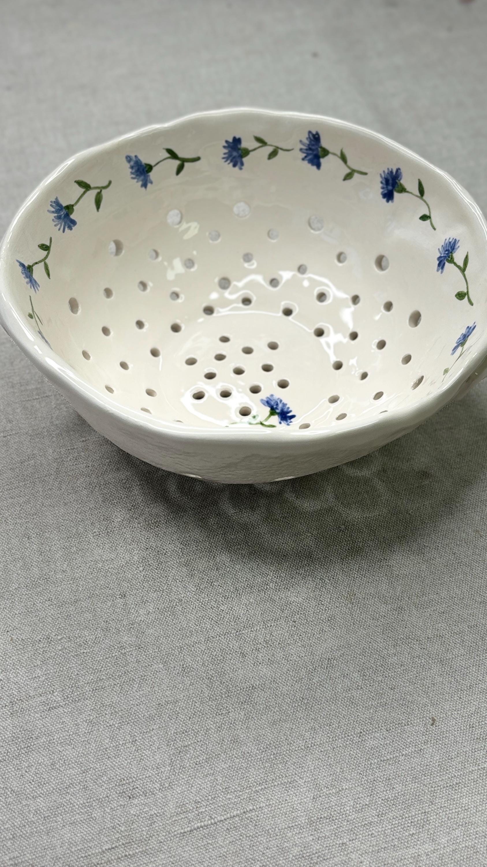 Handmade Ceramic Colander: Cornflower Design, Pasta & Berry Strainer - Etsy
