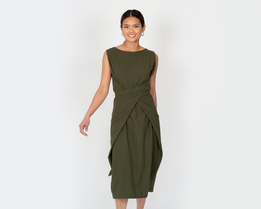 LUCY DRESS in Fern, Organic Cotton Wrap Dress, Sustainable Midi Dress ...