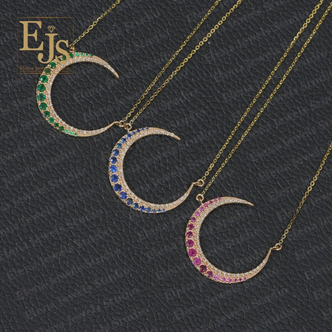 14K Gold & Diamond Pendant, Gold Diamond Moon Shape Pendant, Diamond ...