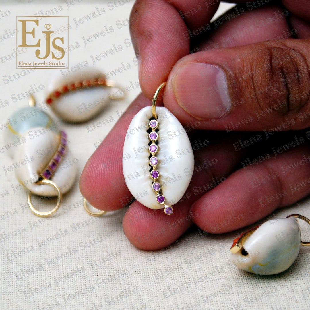 14K Gold Pink Sapphire Cowrie Shell Pendant: Ocean-inspired Necklace - Etsy