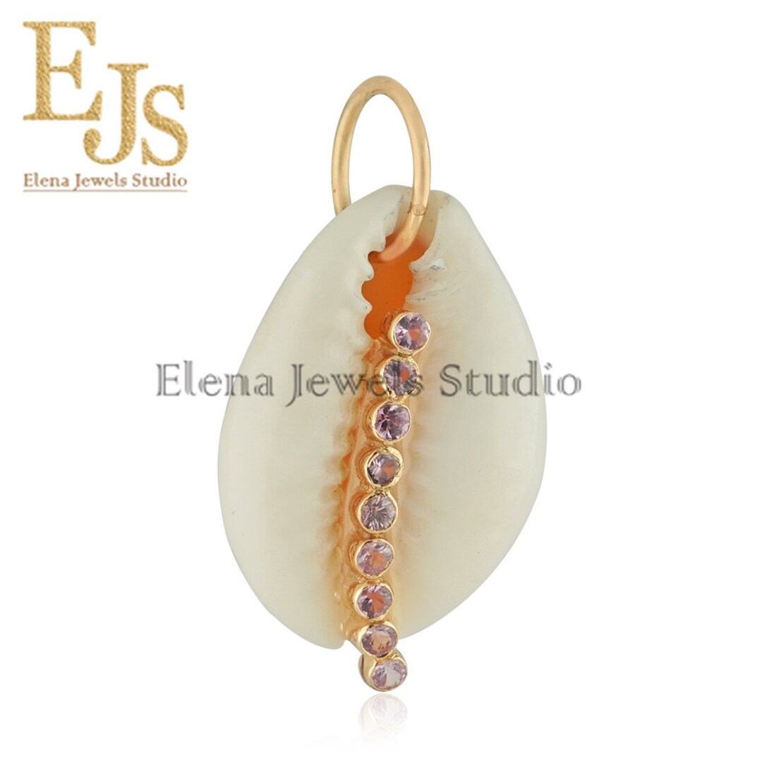 Natural 14k Gold Pink Sapphire Shell Pendant, Cowrie Shell Pendant, Sea ...