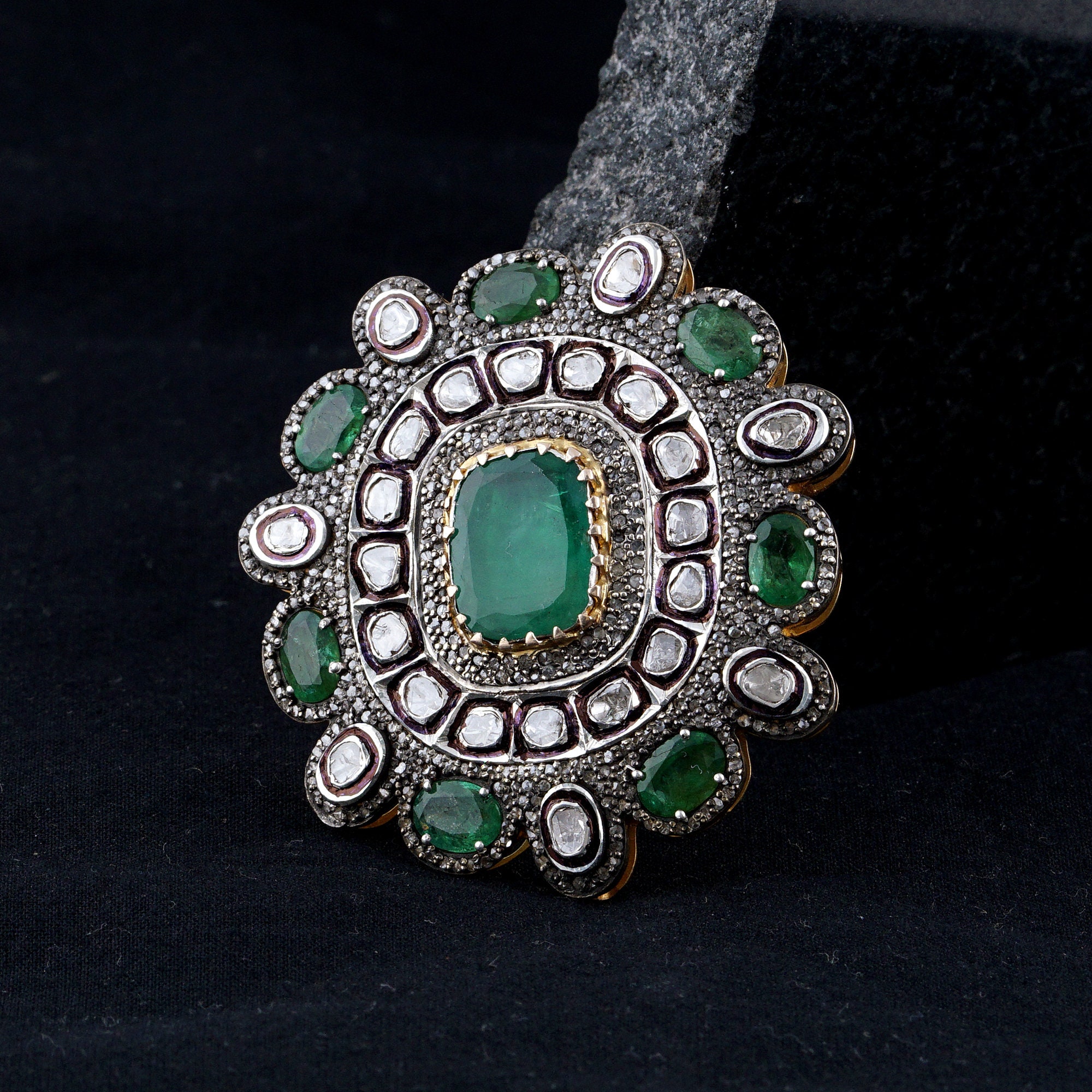 925 Silver Chkari Rose Cut Diamond and Polki Diamond Pendant - Etsy