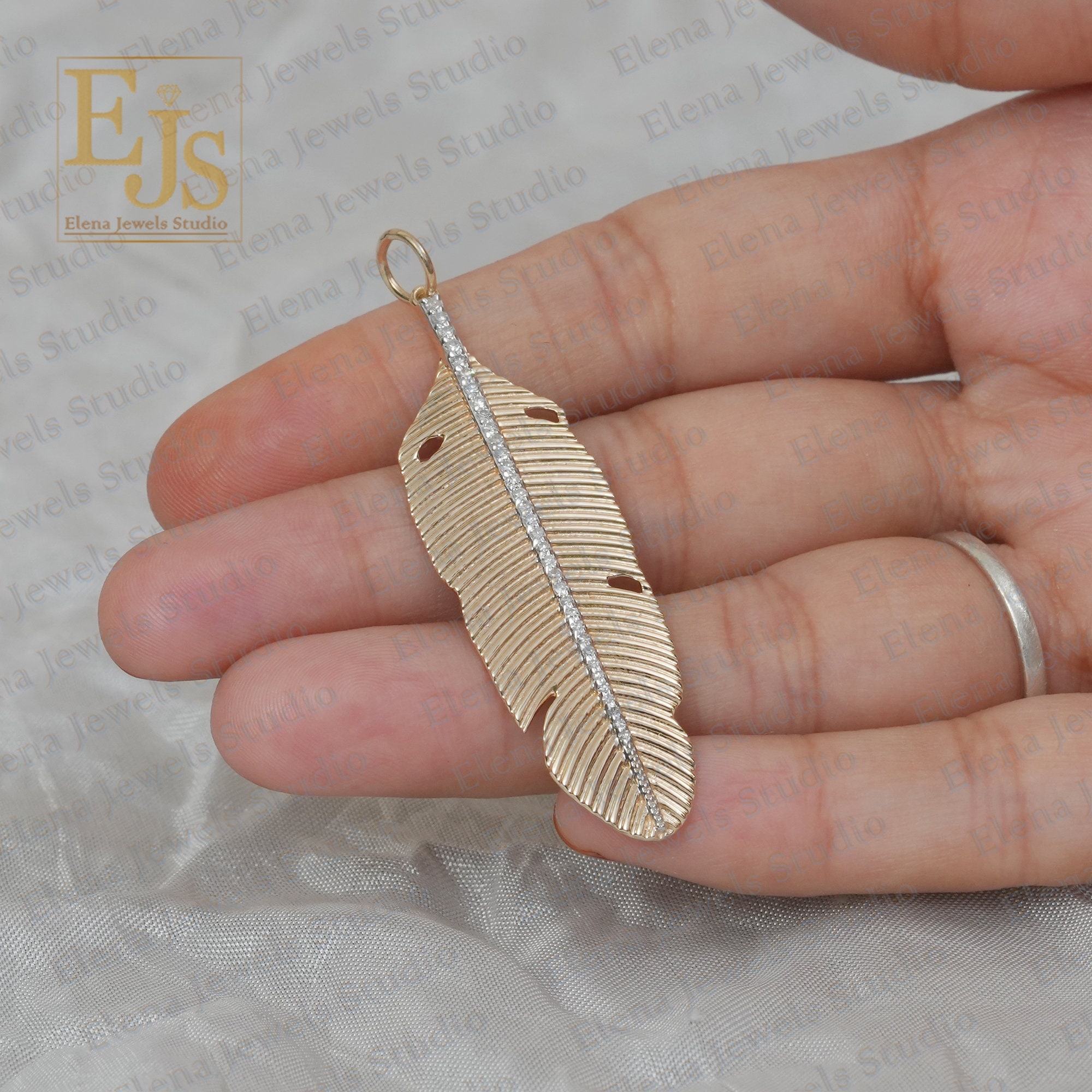 14K Gold & Diamond Pendant, Gold Diamond Leaf Shape Pendant, Diamond ...
