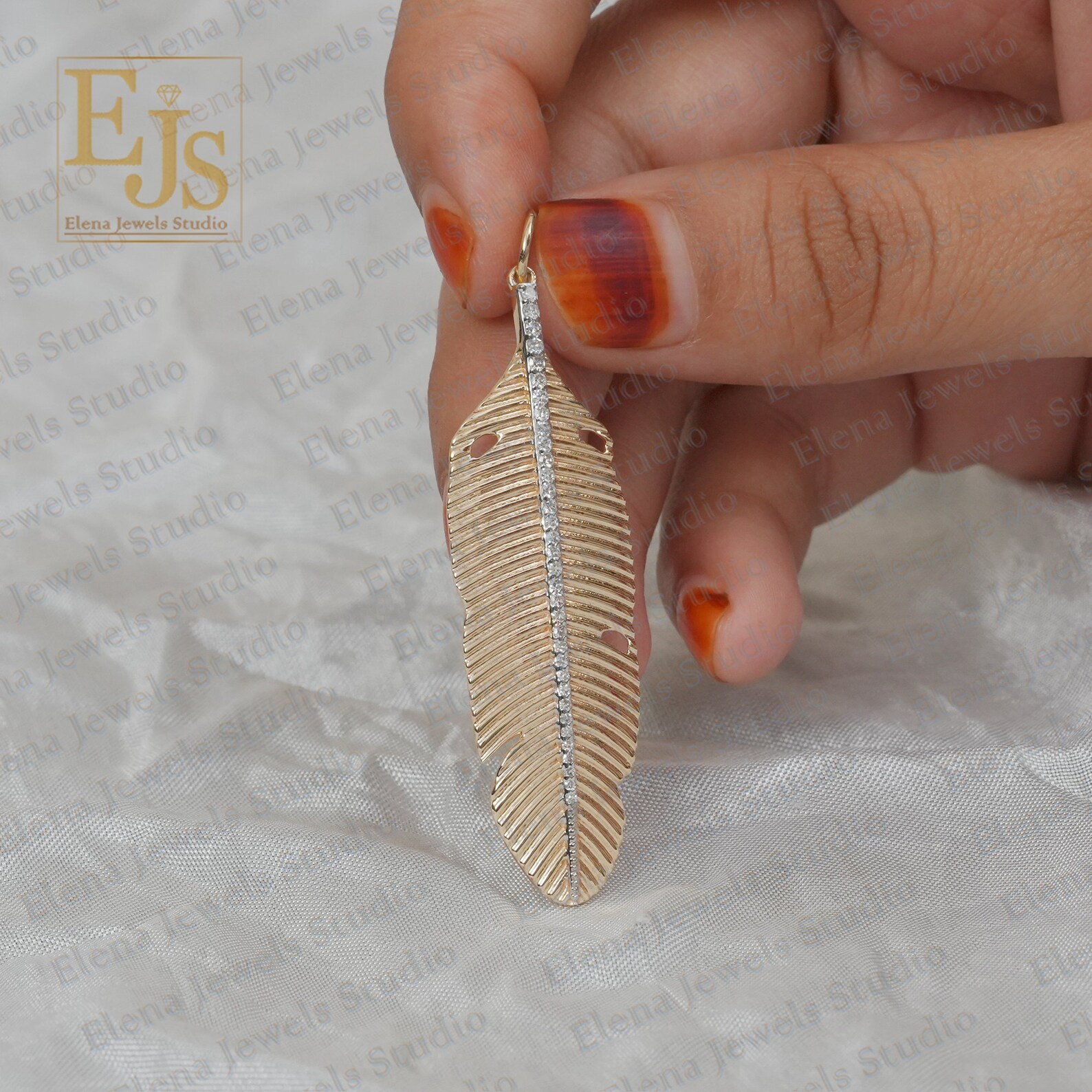 14K Gold & Diamond Pendant, Gold Diamond Leaf Shape Pendant, Diamond ...