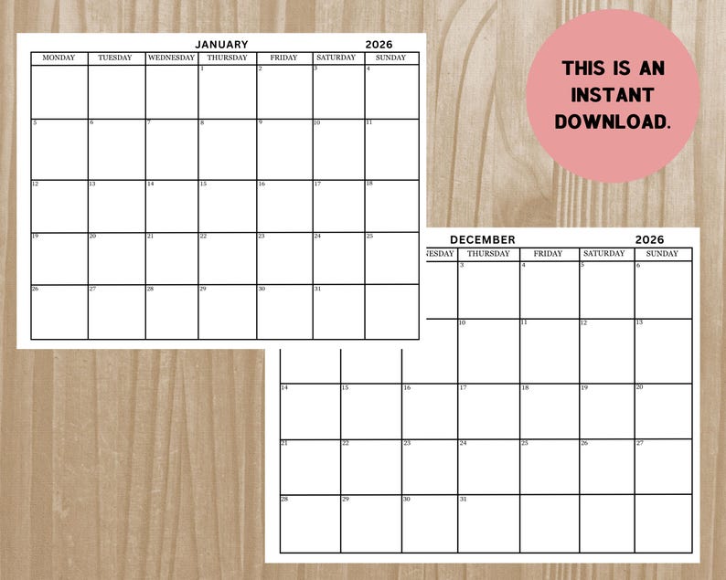 2026 Monthly Printable Calendar| Monday and Sunday Start |landscape ...