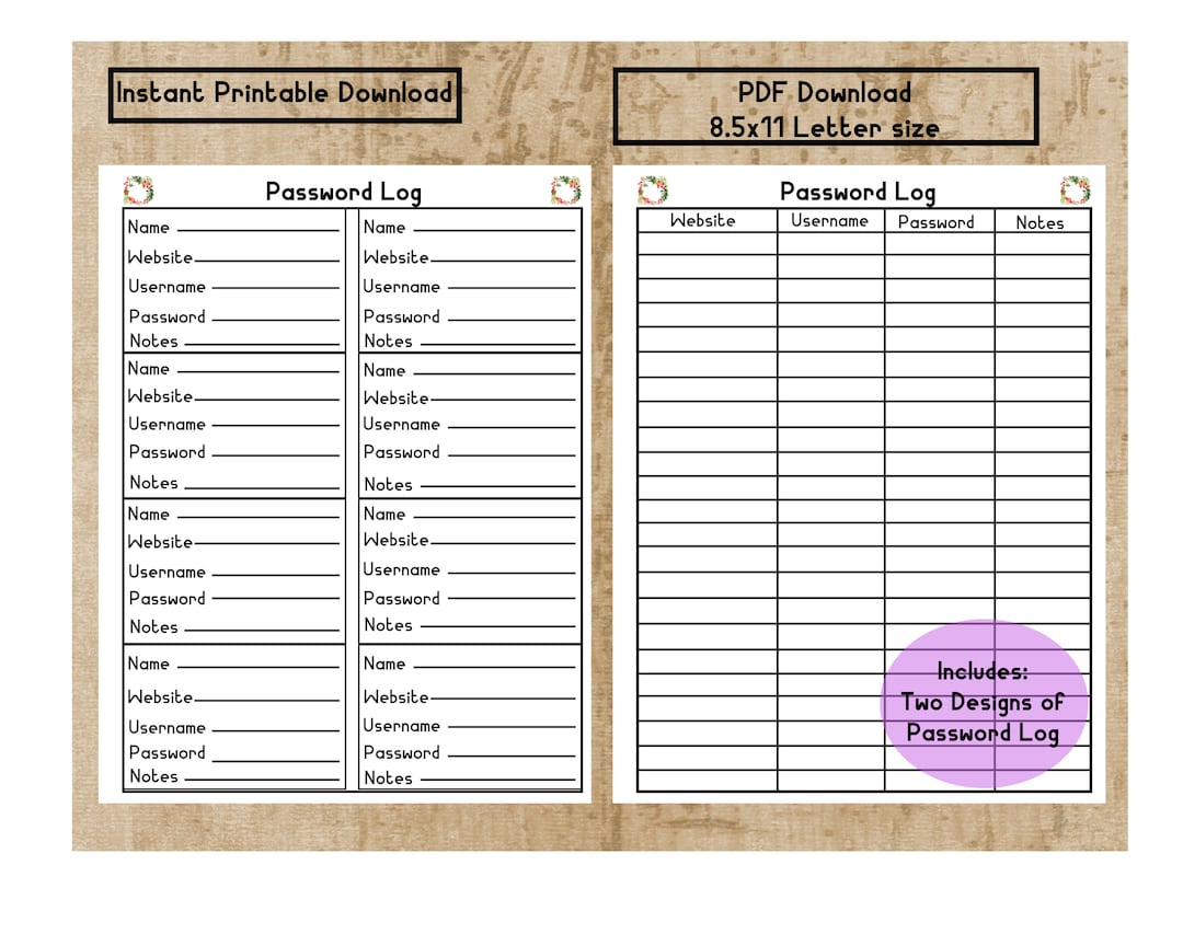 Password Log Sheets: Printable Password Keeper (8.5x11) (digital ...