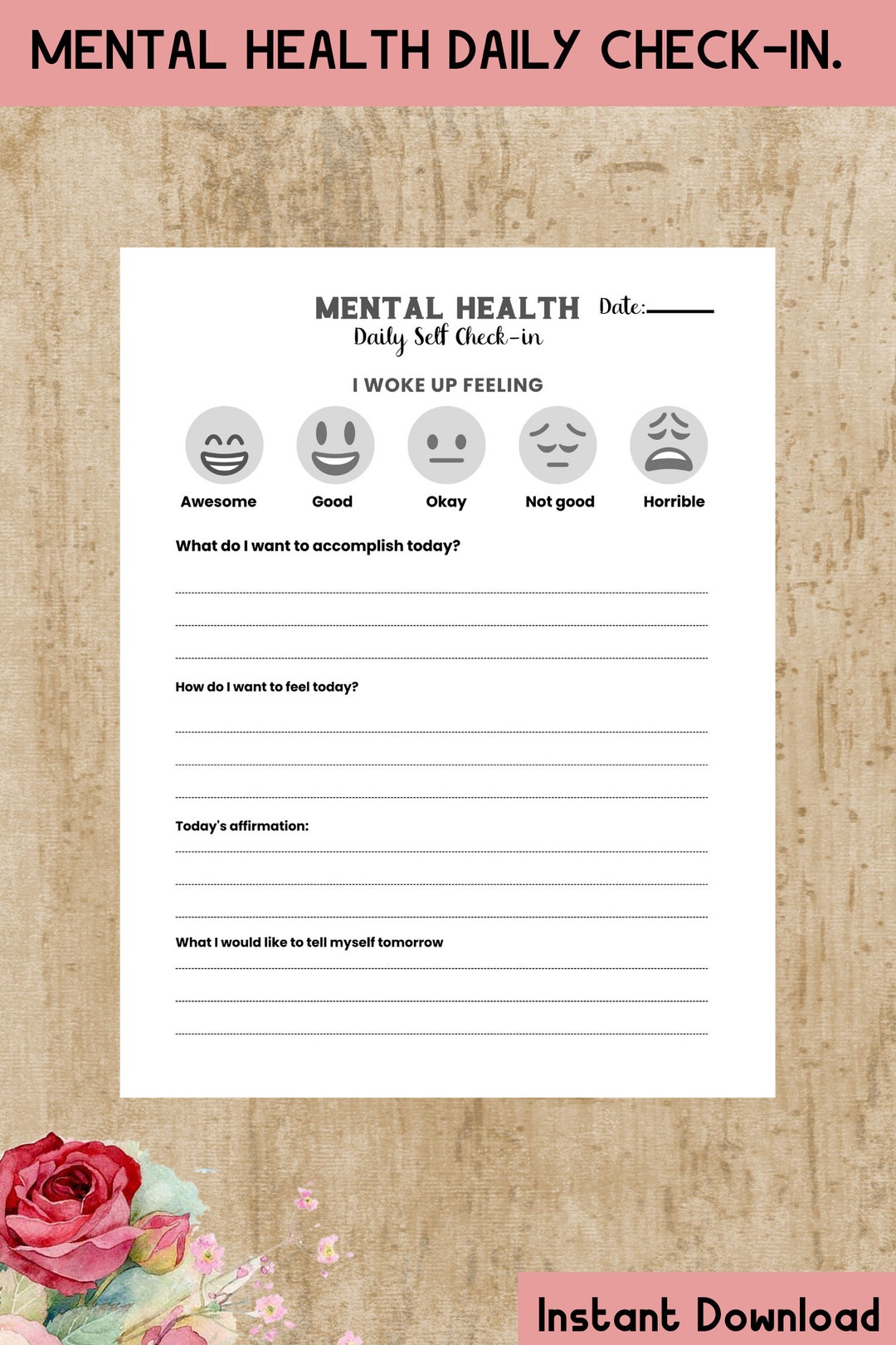 Mental Health Daily Check-in Printable: Emotional Worksheet (instant Download) - Etsy