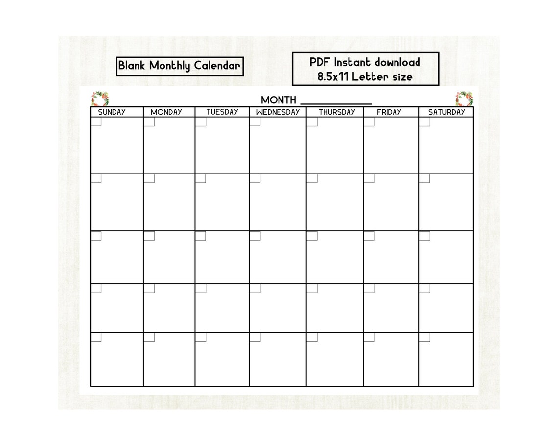Monthly Blank Calendar| Undated Monthly Calendar| Wall Calendar| Sunday ...