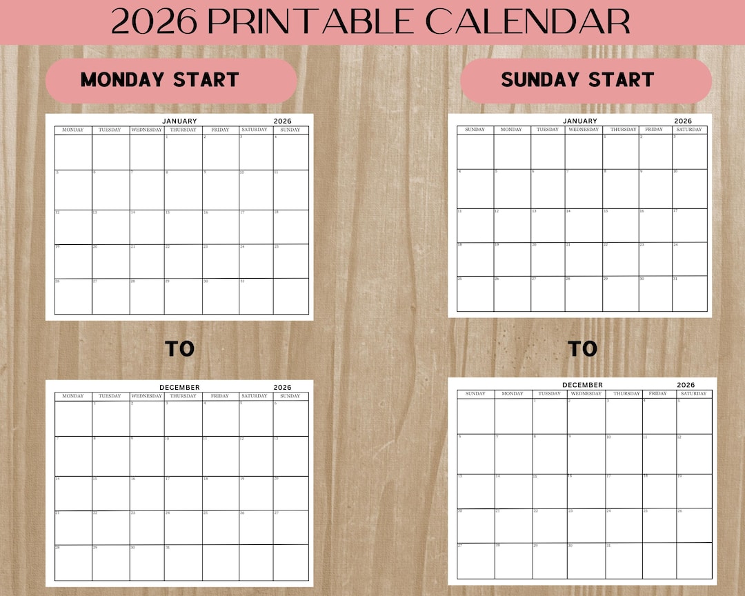 2026 Monthly Printable Calendar| Monday and Sunday Start |landscape ...