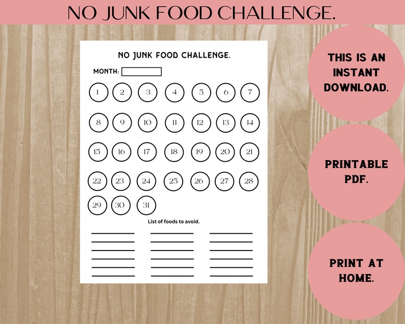 No Junk Food Challenge| No Fast Food Challenge| Printable. - Etsy